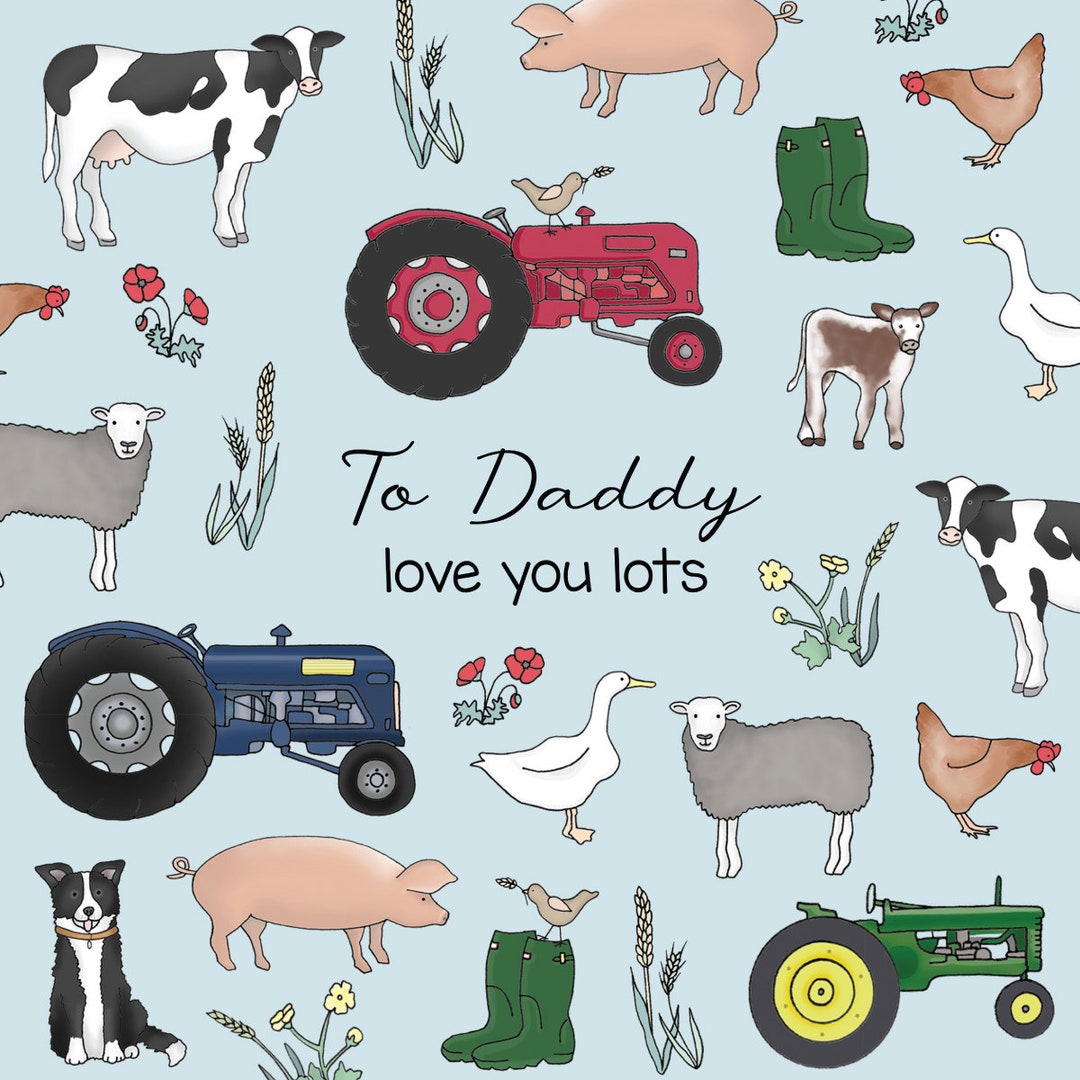 Ditsy Daddy Farm Animals Collie, Tractor, Wellies Greeting Card by Emma ...