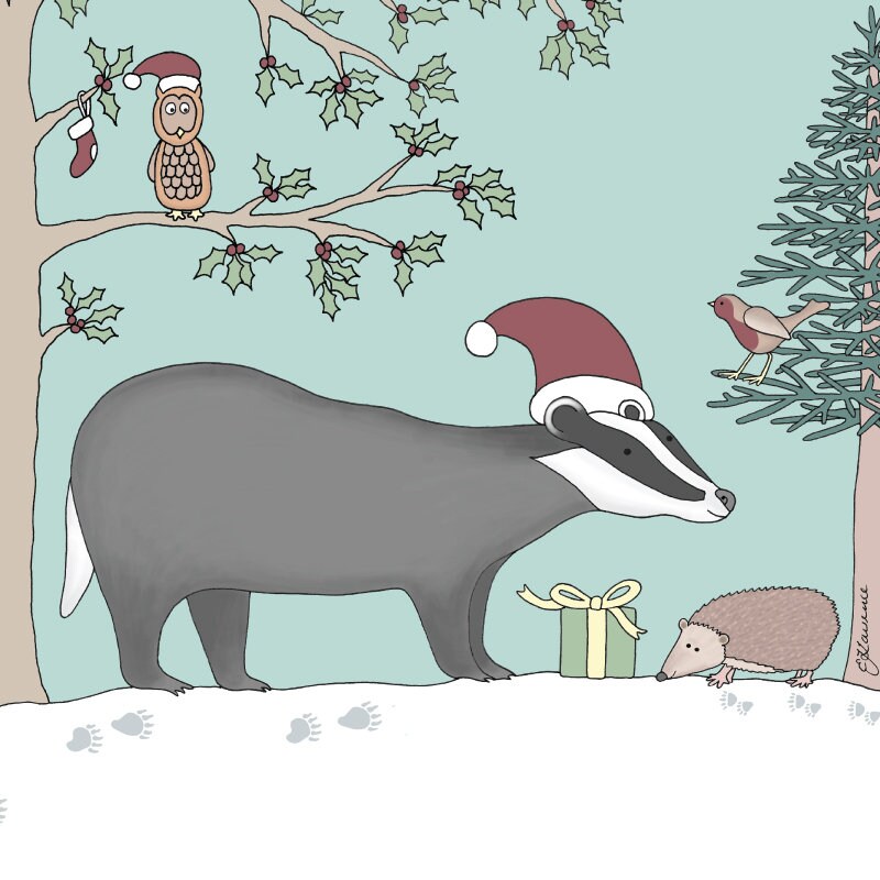 Christmas Card Woodland Badger & Hedgehog by Emma Lawrence - Etsy