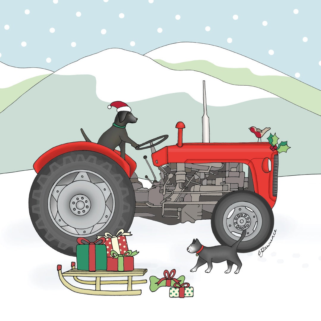 Christmas Red Tractor Farm Vehicle Black Labrador Dog, Cat, Presents ...