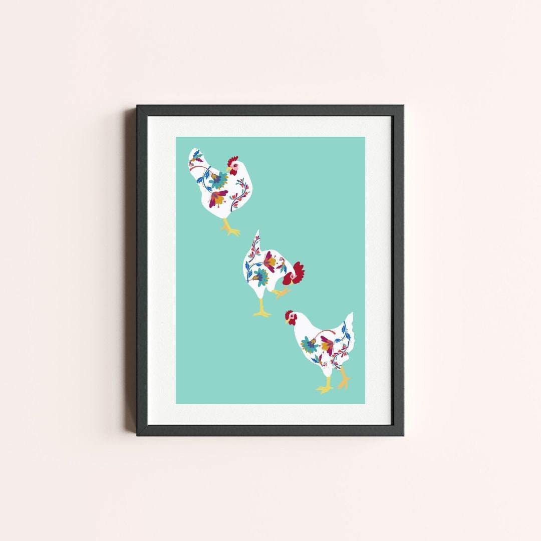 Folk Art Chicken Illustration Floral Wall Decor A5 A4 Print - Etsy