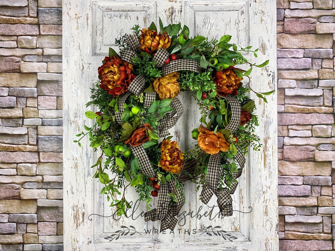 Fall Wreath With Black and Tan Gingham Ribbon, Rustic Flower Wreath - Etsy