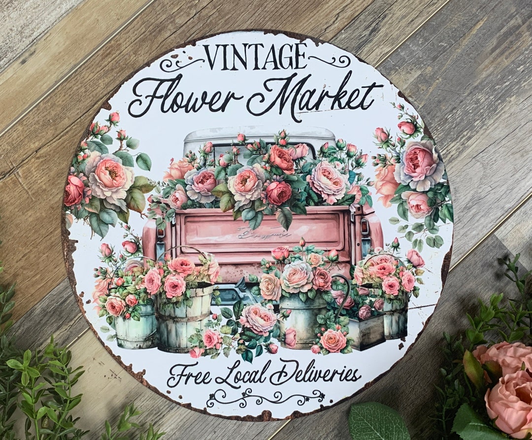 Vintage Flower Market Wreath Sign, Pink Truck Wreath Attachment, Summer ...