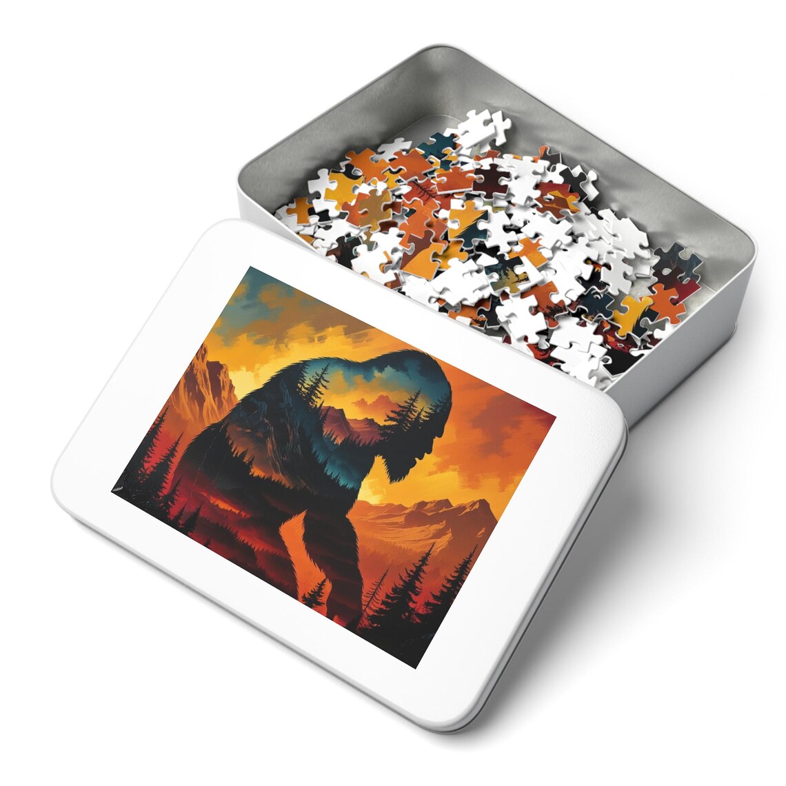 Bigfoot Silhouette Mountain Scene Jigsaw Puzzle With Tin | Sunset ...