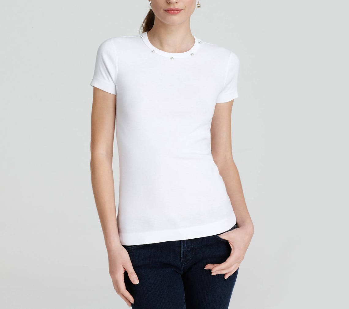 Designer T-shirt With Pearls, T Shirt With Pearl Studs, Pearl Studded ...