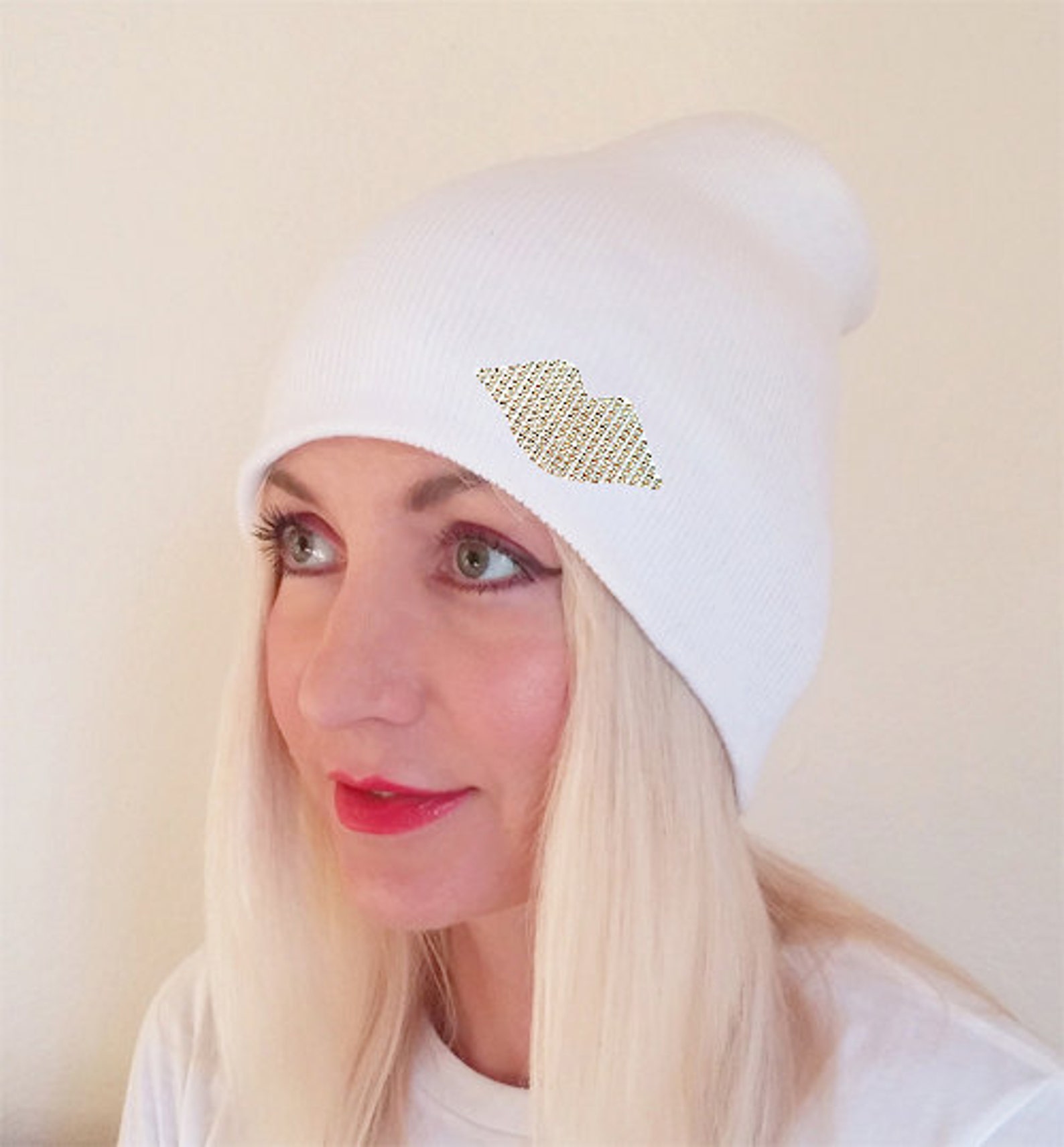 White Kiss Beannie Hat Red Lips Beannie Kiss Hat Kiss - Etsy