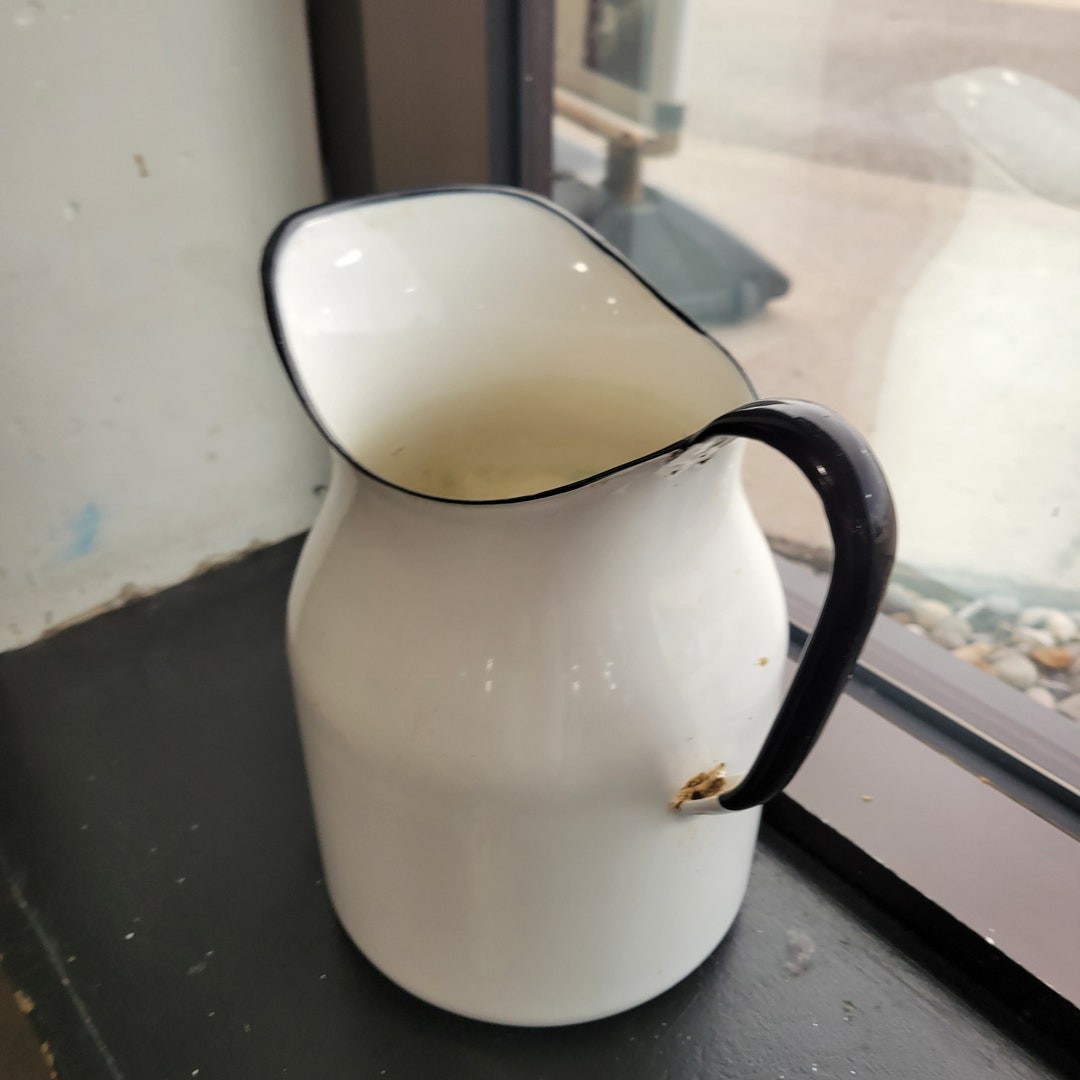 Vintage Antique White Enamelware Milk/water Pitcher With Black Trim 10 ...