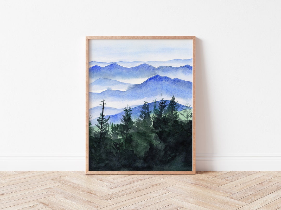 Mountain Trees Painting | Mountain Painting | Mountain Print | Blue ...