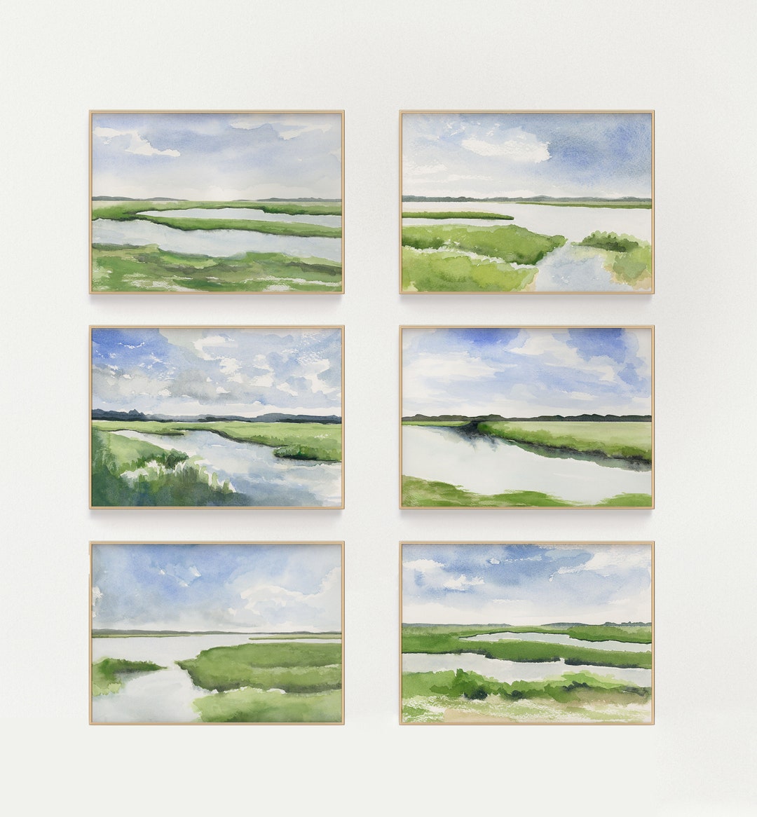 Set of 6 Gouache Marsh Landscape Art Prints | Coastal Wall Decor - Etsy