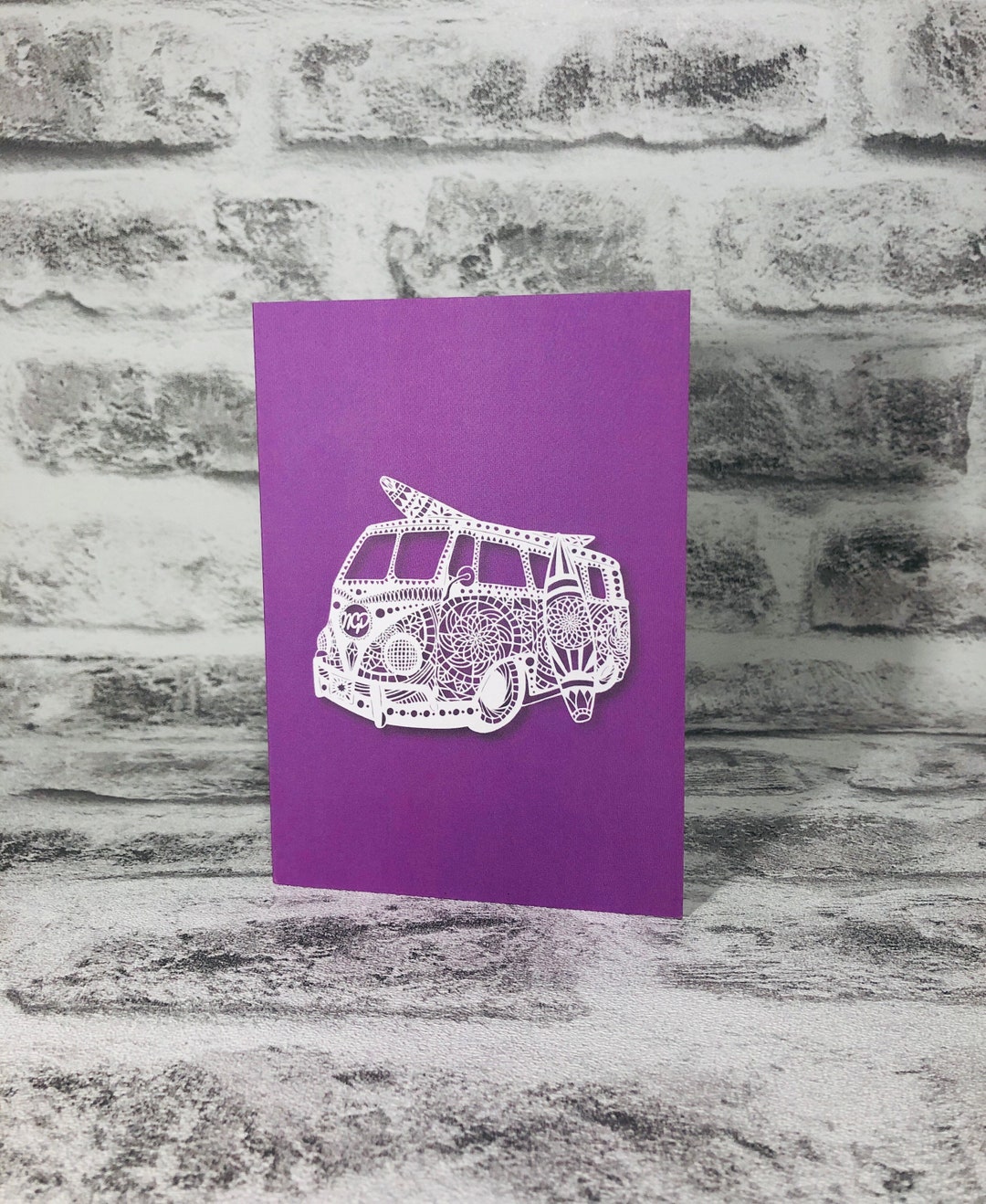 Mandala Camper Van on Purple Background Printed Greetings Card Blank ...