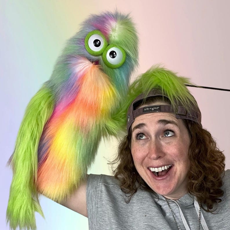 Tie-dye Rainbow Fur Mega Meep Puppet With Neon Green Fleece - Hand and ...