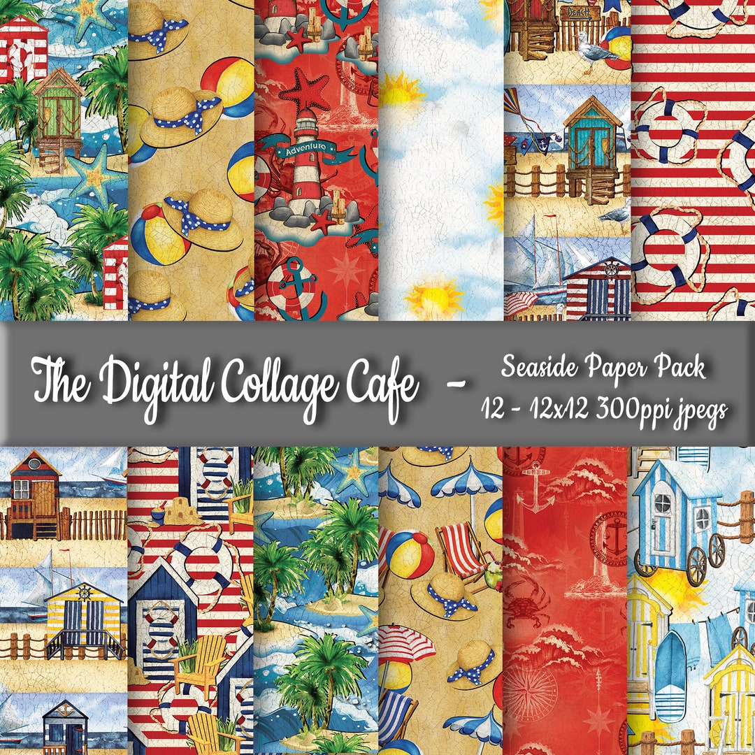 Seaside Seamless Digital Paper Pack, Beach Hut Digital Pattern, Ocean ...
