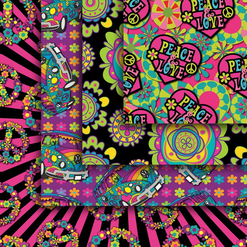 Hippie Seamless Digital Paper Pack, Flower Power Digital Paper, Peace ...