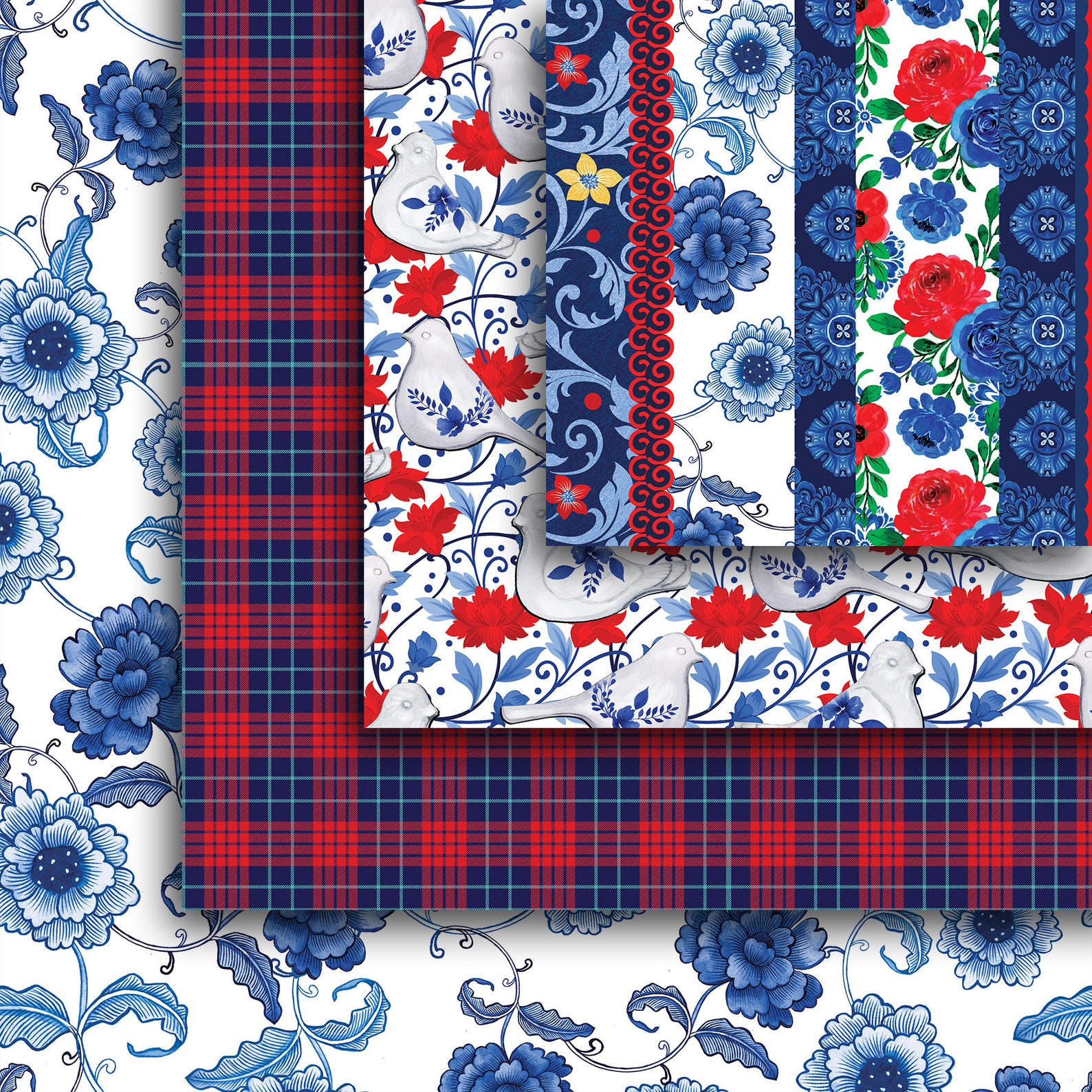 Country Farmhouse 3 Seamless Digital Paper Pack, Blue China Digital ...