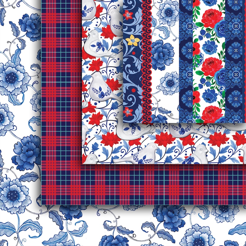 Country Farmhouse 3 Seamless Digital Paper Pack, Blue China Digital ...