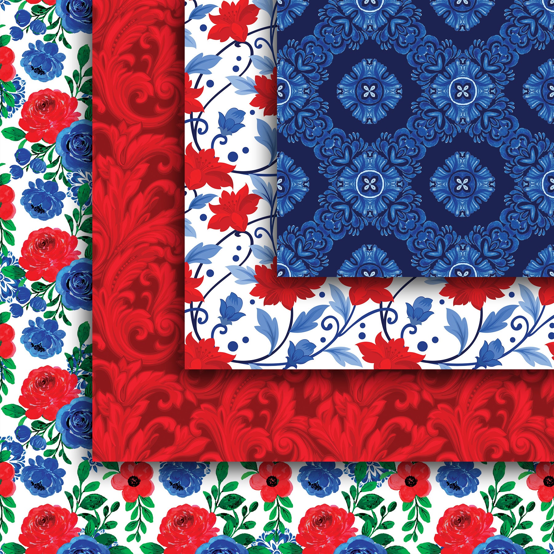 Country Farmhouse 3 Seamless Digital Paper Pack, Blue China Digital ...