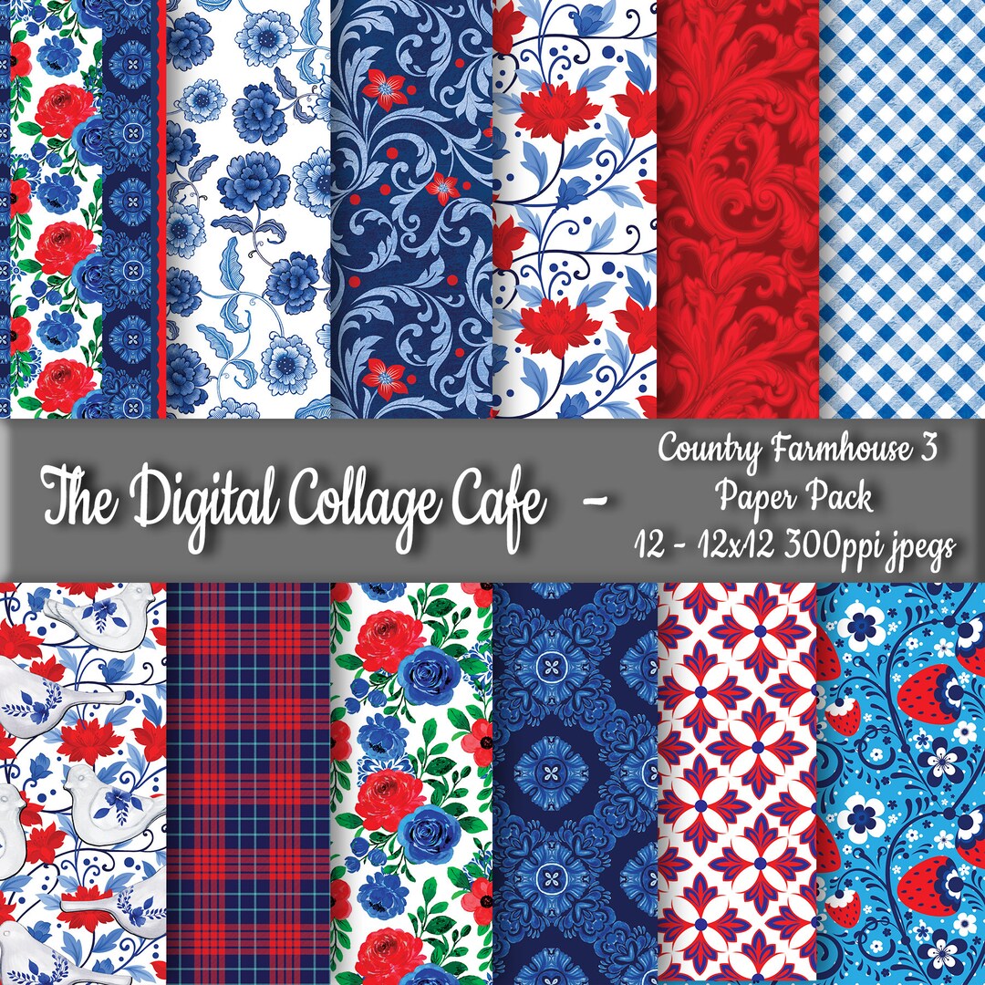 Country Farmhouse 3 Seamless Digital Paper Pack, Blue China Digital ...