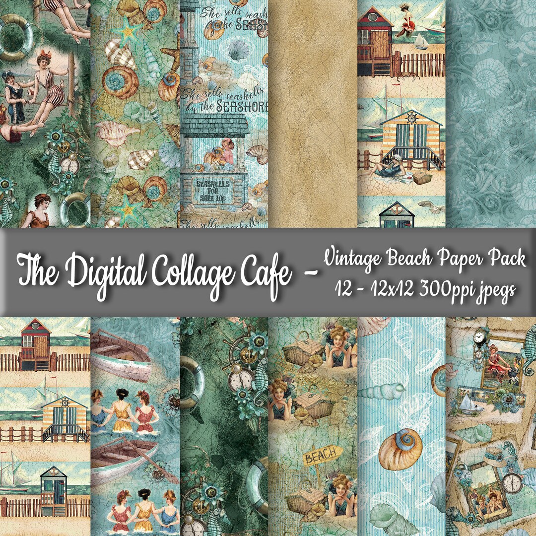 Vintage Swim Seamless Digital Paper Pack, Vintage Beach Digital Pattern ...