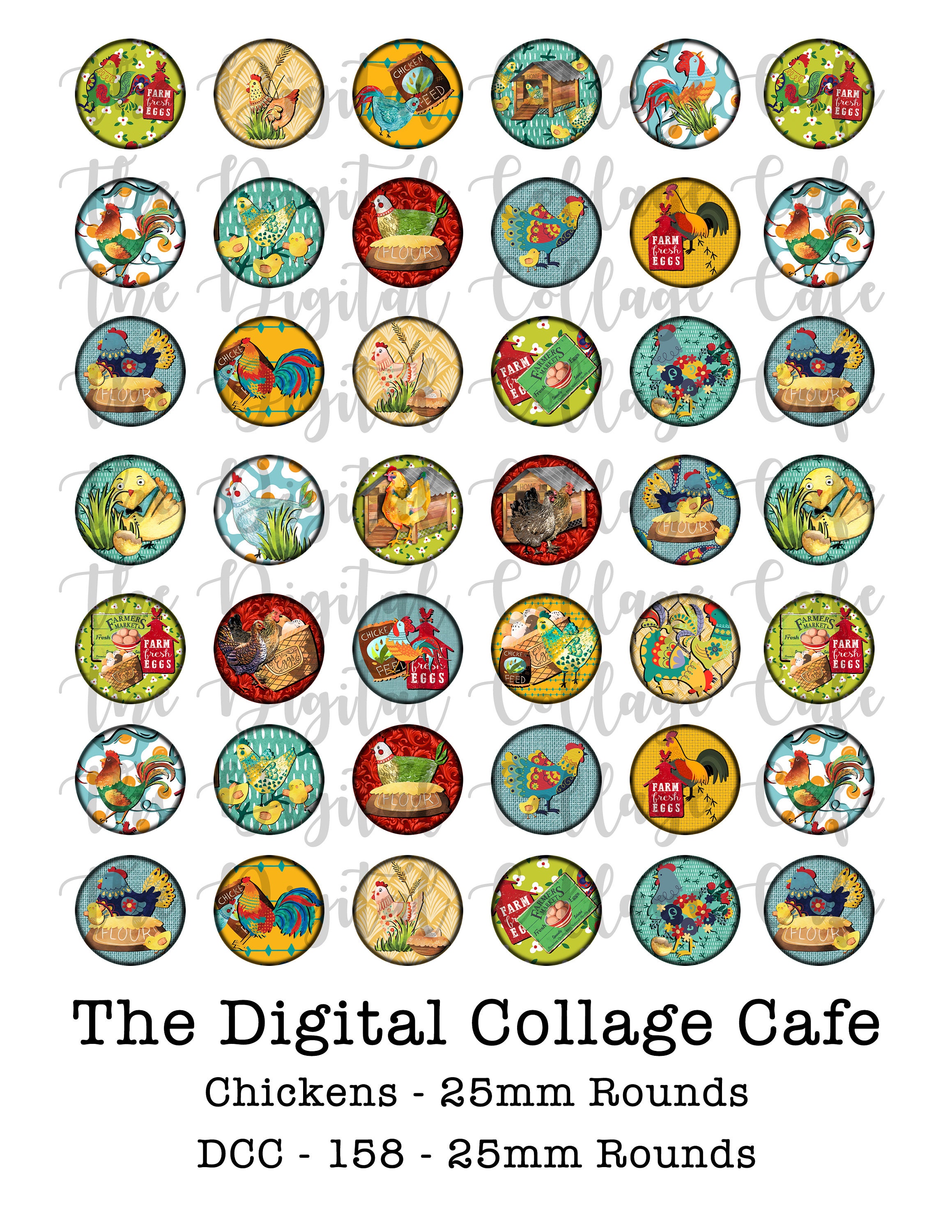 Chicken Digital Collage Sheet Farm Collage Egg Bottle Cap - Etsy