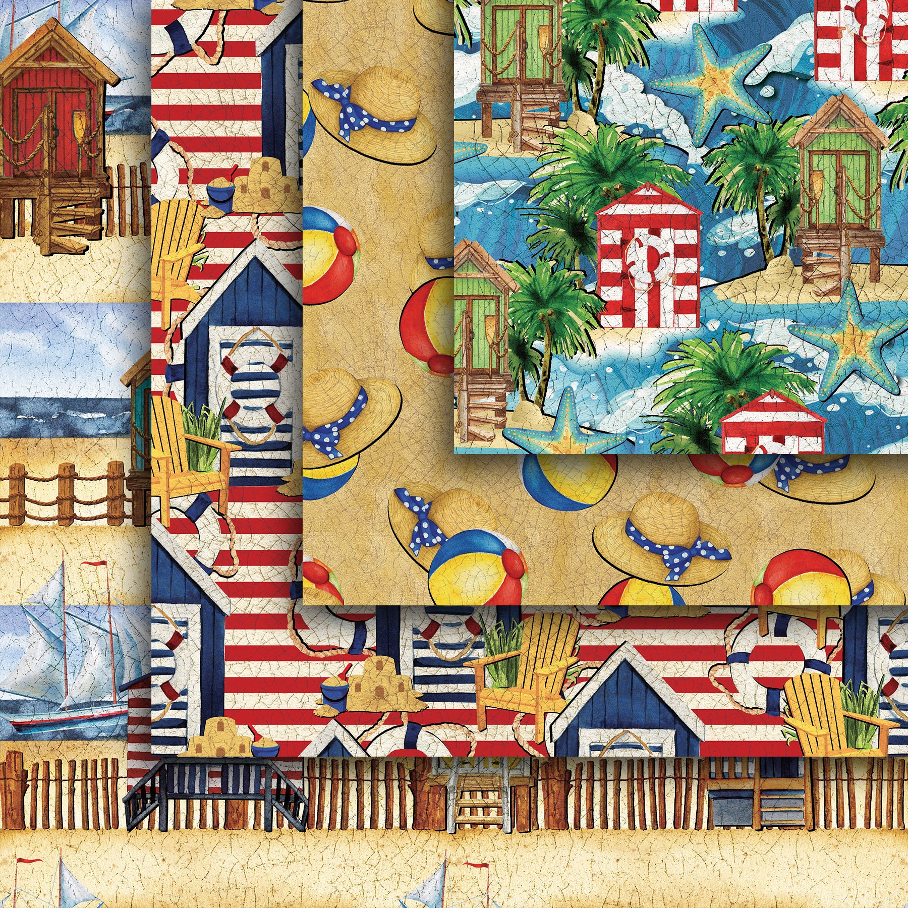 Seaside Seamless Digital Paper Pack, Beach Hut Digital Pattern, Ocean ...