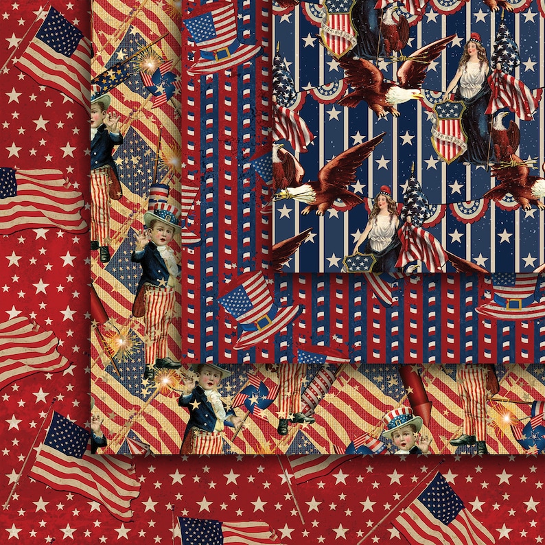 Vintage Fourth of July Seamless Digital Paper Pack, Patriotic Seamless ...