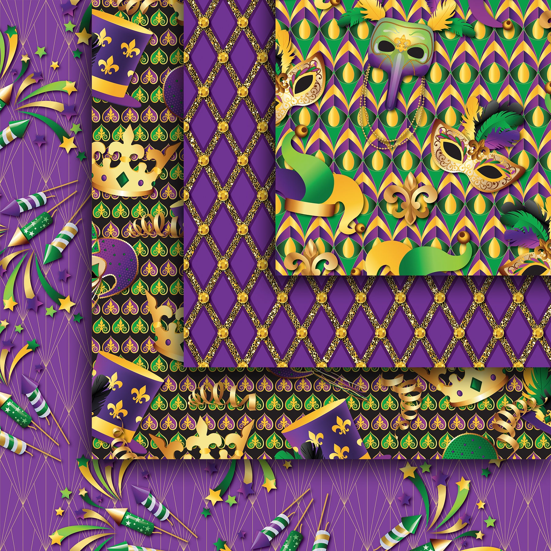 Mardi Gras Seamless Digital Paper Pack, Fat Tuesday Scrapbook Papers ...
