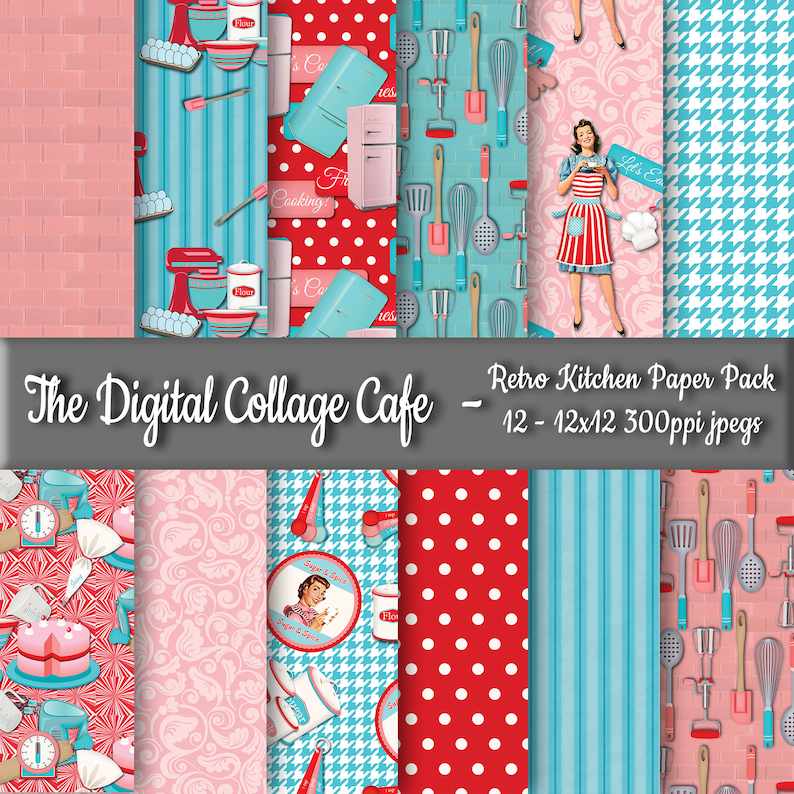 Retro Kitchen Seamless Digital Paper Pack, Kitchen Scrapbook Paper ...