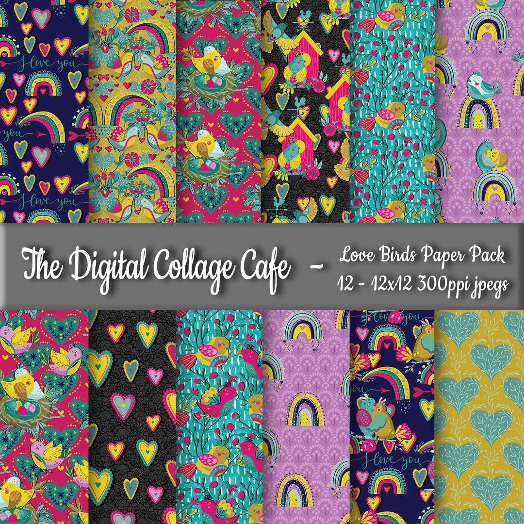 Love Birds Seamless Digital Paper Pack, Folk Art Birds Seamless Pattern ...