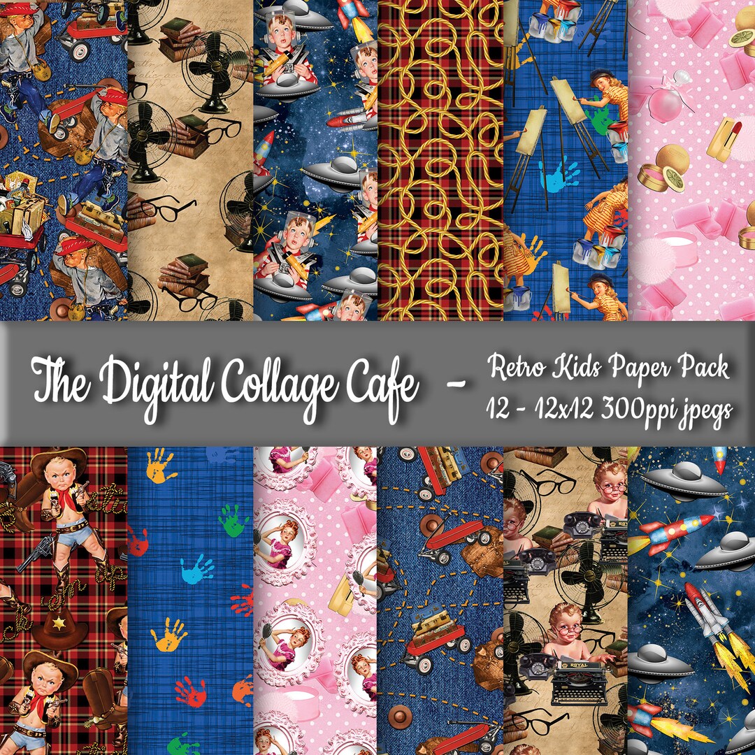 Retro Kids Seamless Digital Paper Pack, Vintage Kids Digital Pattern ...