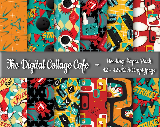 Bowling Seamless Digital Paper Pack, Strike Scrapbook Papers, Sports ...