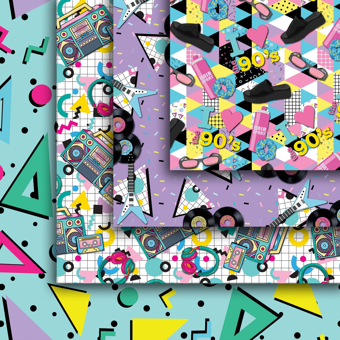 80s 90s Memphis Style Seamless Digital Paper Pack, 80s Party Digital ...