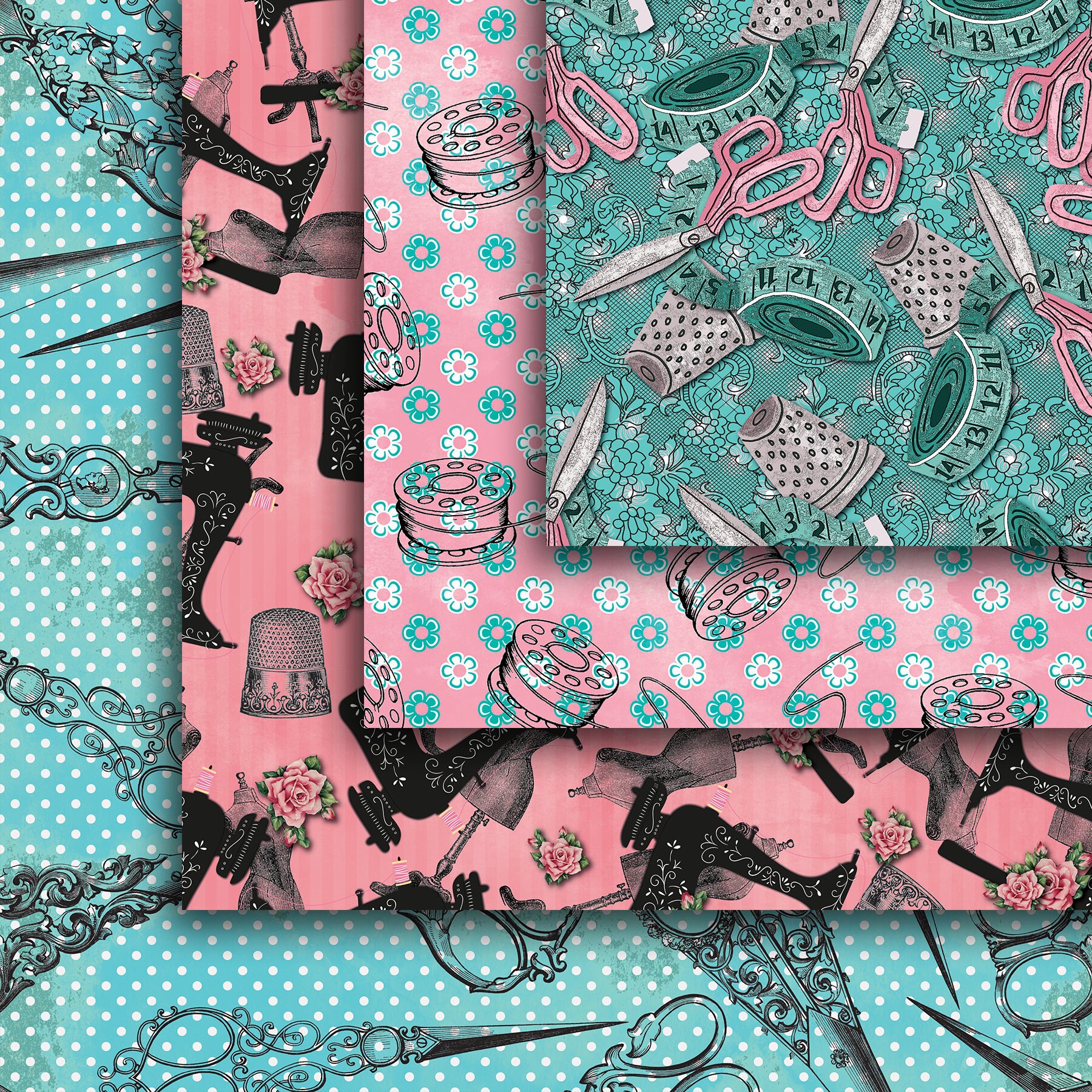 Sewing Seamless Digital Paper Pack, Knitting Digital Paper, Seamstress ...