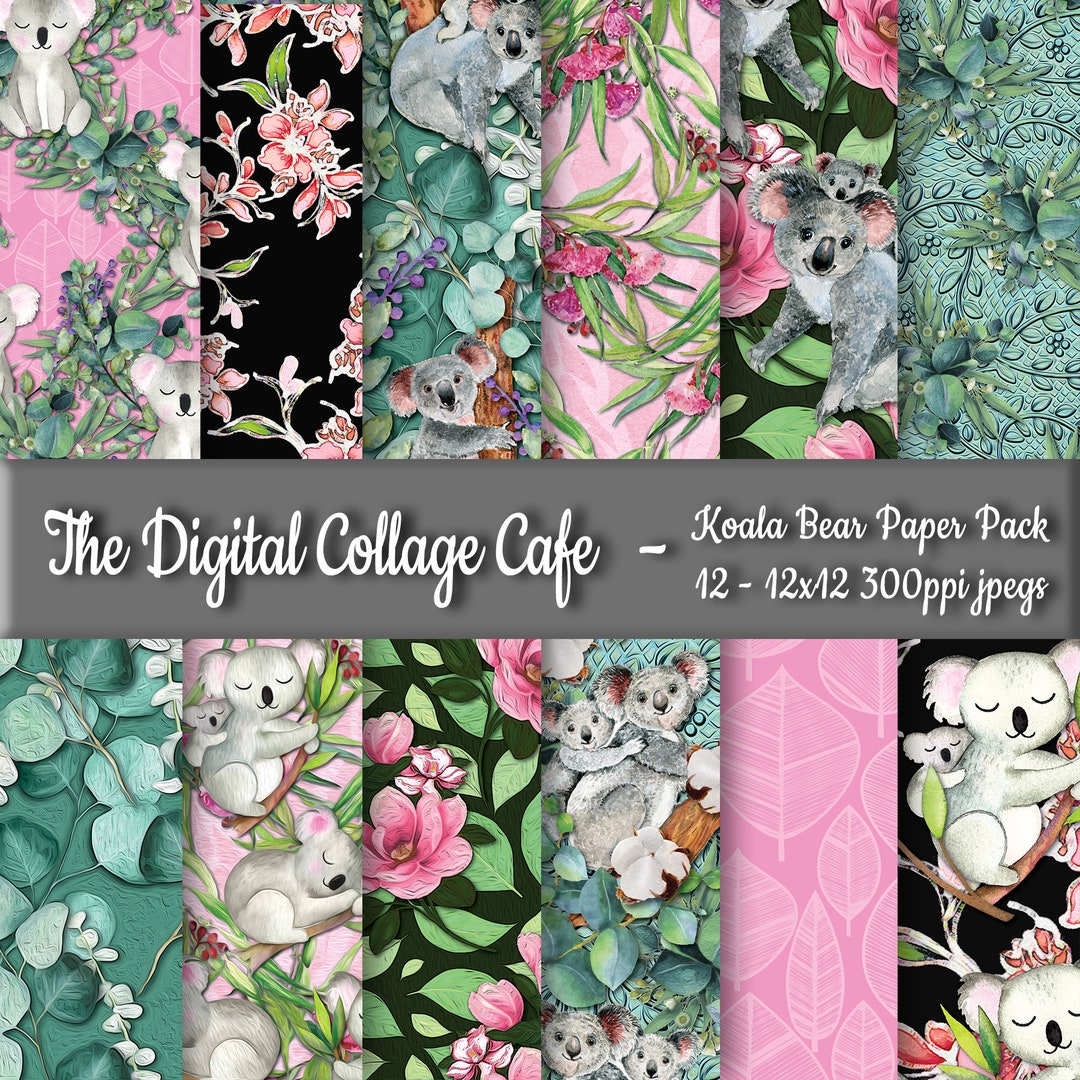 Koala Bear Seamless Digital Paper Pack, Eucalyptus Digital Paper Pack ...