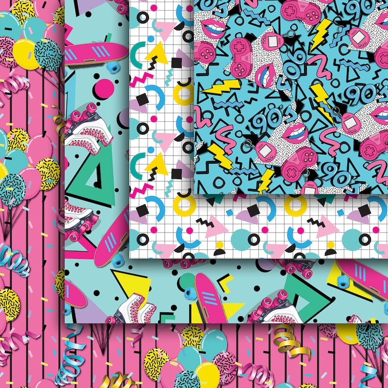 80s 90s Memphis Style Seamless Digital Paper Pack, 80s Party Digital ...