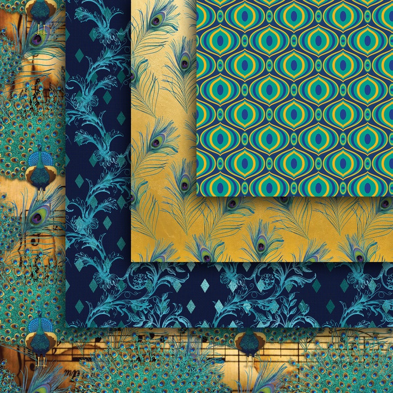 Peacock Digital Paper Pack Peacock Feather Digital Paper | Etsy