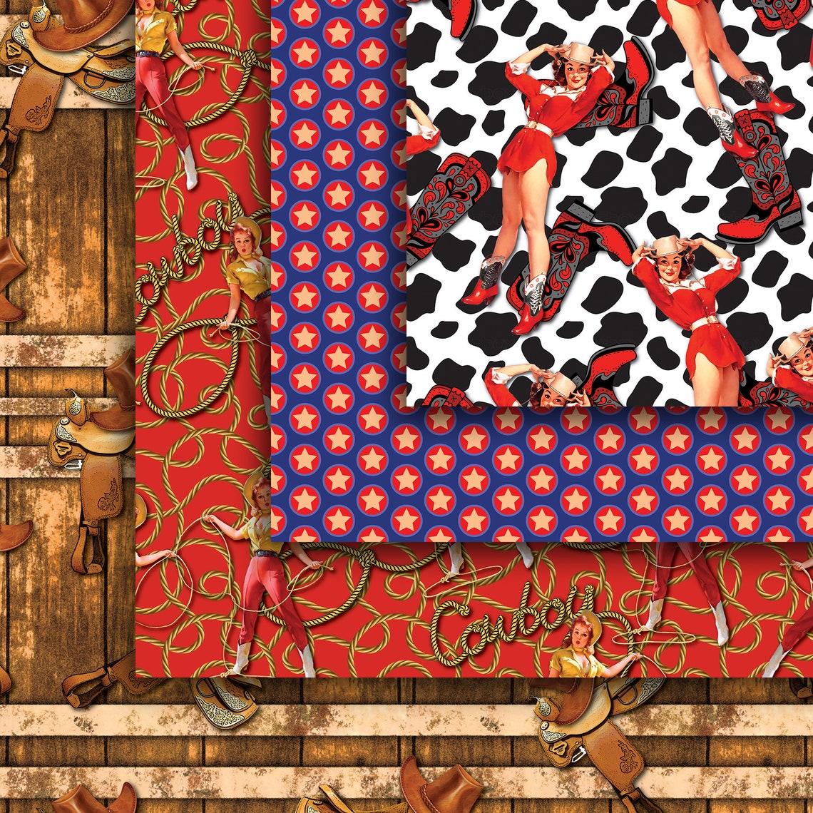 Cowgirl Pinup Seamless Digital Paper Pack, Pinup Girl Digital Paper ...