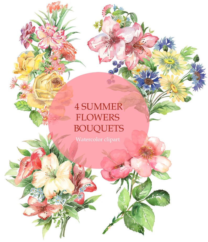 Watercolor Flower Clip Art, 4 Bouquets, Floral Watercolor Clip Art ...