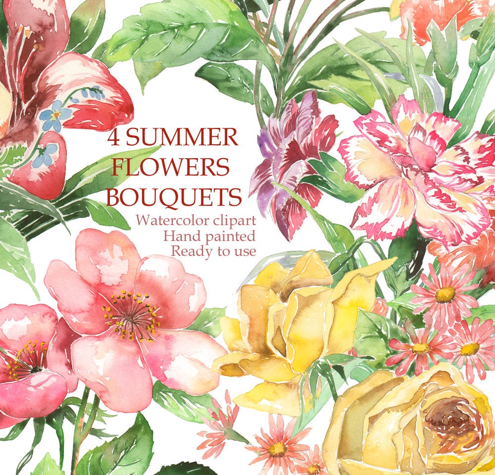Watercolor Flower Clip Art, 4 Bouquets, Floral Watercolor Clip Art ...