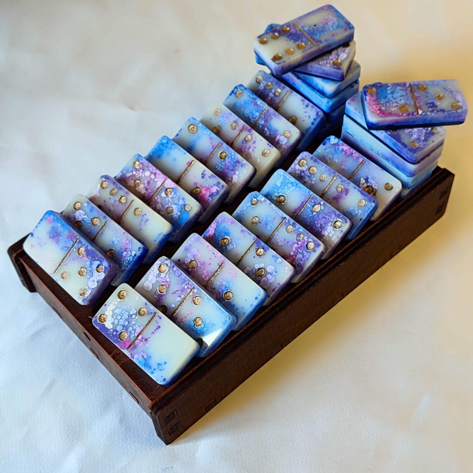 Handmade Epoxy Resin Domino Set: Blue-violet Glitter, Dried Flowers ...