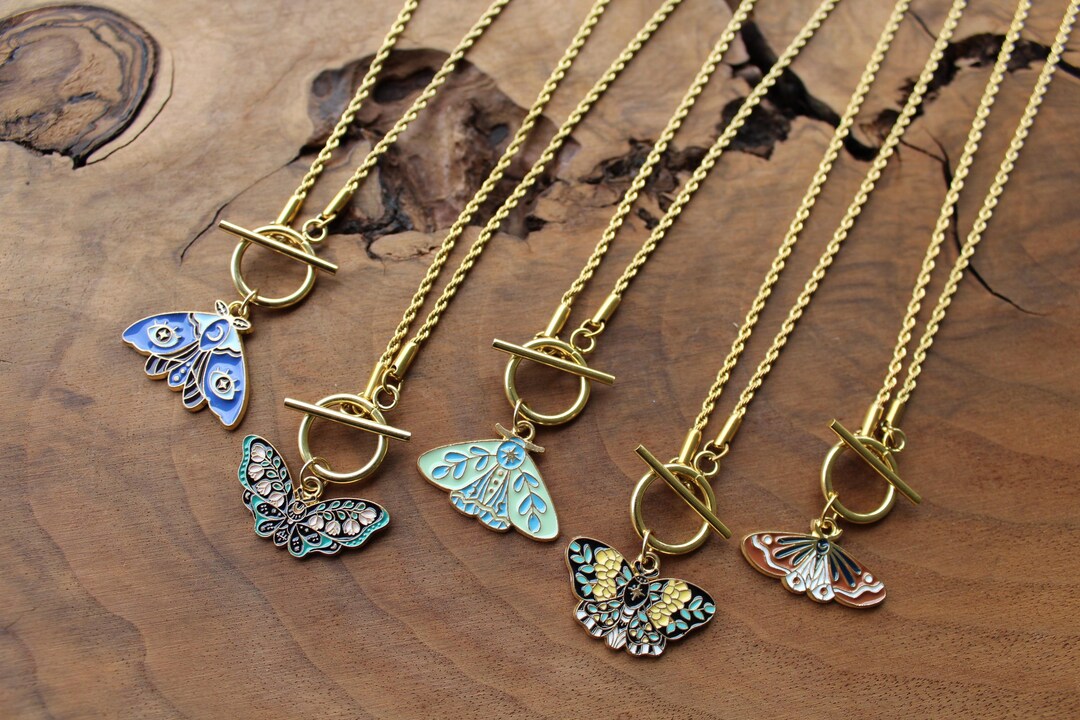 Moth Necklace, Gold Toggle Pendant Necklace, Rope Chain, Butterfly Moth ...
