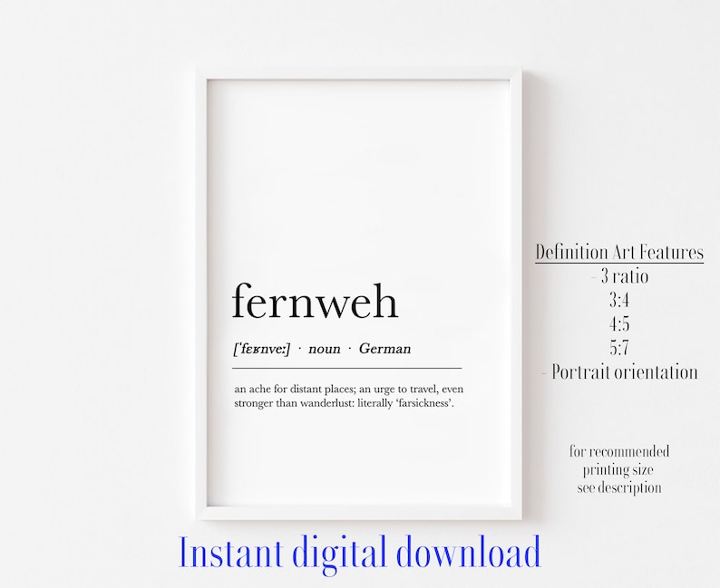 Fernweh Definition Print, Nordic Definition, Nordic Decor, Travel Word ...