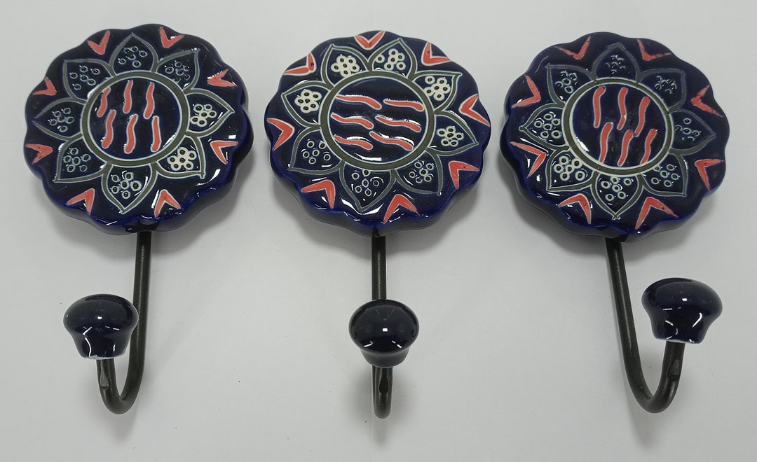 Blue Color Ceramic Wall Hooks Multi Color Handmade Handpainted Cabinet ...