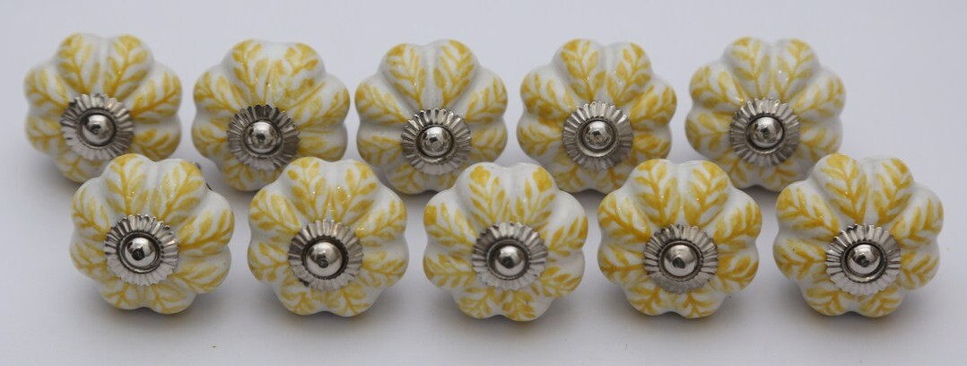 Yellow Color Leaf Design Ceramic Knobs Handpainted Kitchen - Etsy