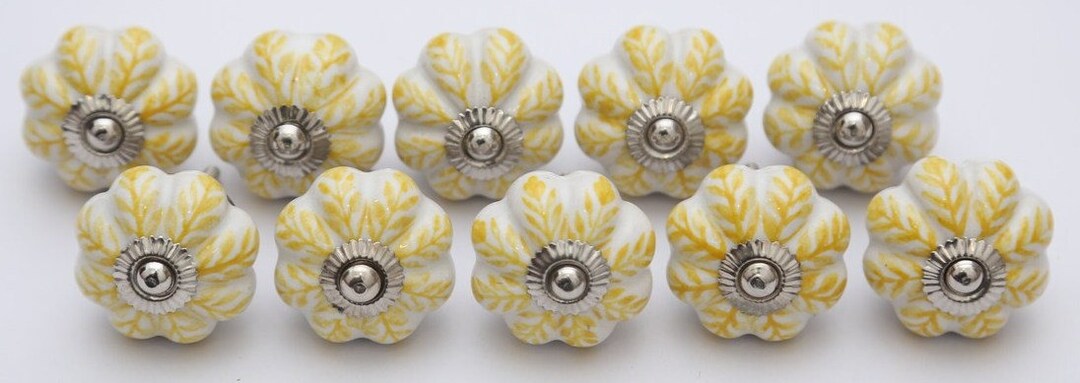 Yellow Color Leaf Design Ceramic Knobs Handpainted Kitchen Cabinet ...