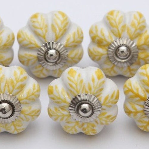 Yellow Color Leaf Design Ceramic Knobs Handpainted Kitchen - Etsy