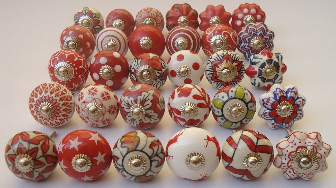 Red and White Assorted Ceramic Knobs Hand Painted Ceramic Door Knobs Pumpkin Knobs Kitchen ...