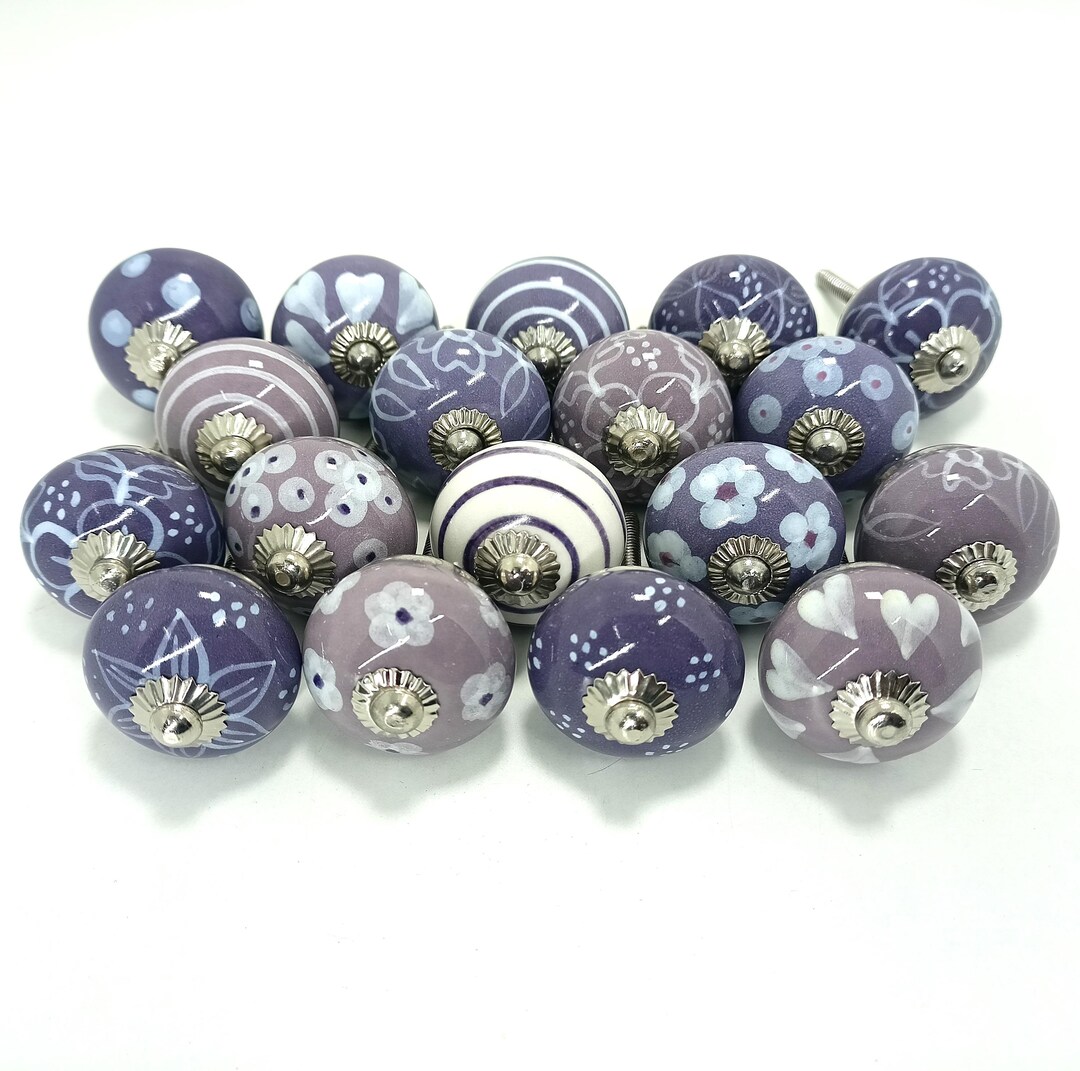 Hand Painted Purple Ceramic Knobs, Assorted Cabinet Drawer Pulls - Etsy