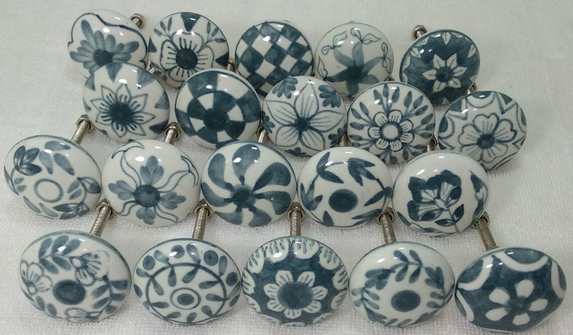Grey & White Ceramic Knobs Handpainted Handmade Ceramic Door - Etsy