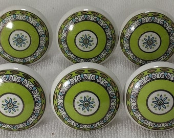 Green Flat Ceramic Door Knobs Hand-painted Kitchen Cabinet Drawer Knobs Vintage Knobs Ceramic ...