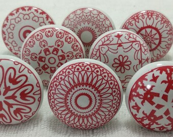 Red & White Ceramic Knobs Kitchen Cabinet Drawer Knobs Hardware Knobs Handmade Knobs Cabinet ...