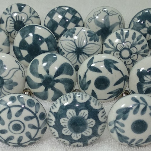 Grey and White Assorted Ceramic Knobs Handpainted Ceramic Door - Etsy